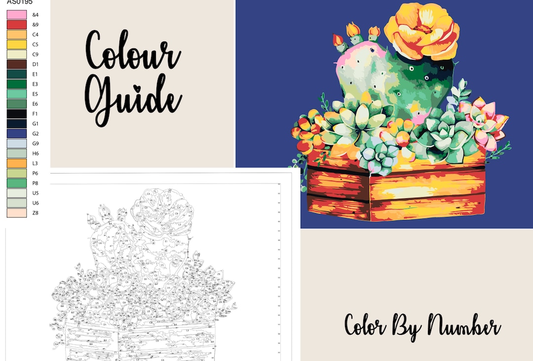 Cactus Art Color by Number Kit Printable Succulent Color by Number Art ...