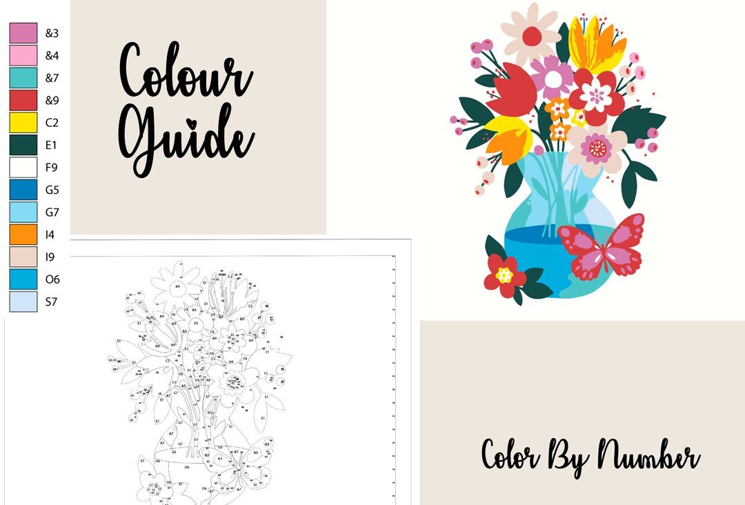 Flowers Color by Number Kit Butterflies Printable Color by Number Vase ...