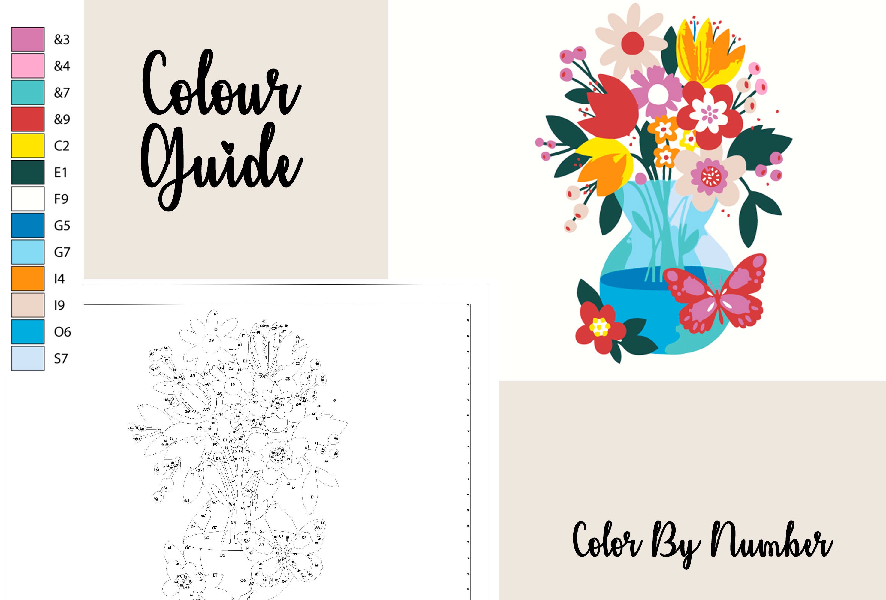 Flowers Color by Number Kit Butterflies Printable Color by Number Vase ...