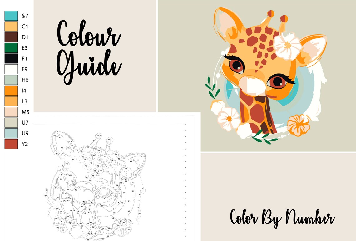 Giraffe Art Color by Number Kit Cute Animal Printable Color by Number ...