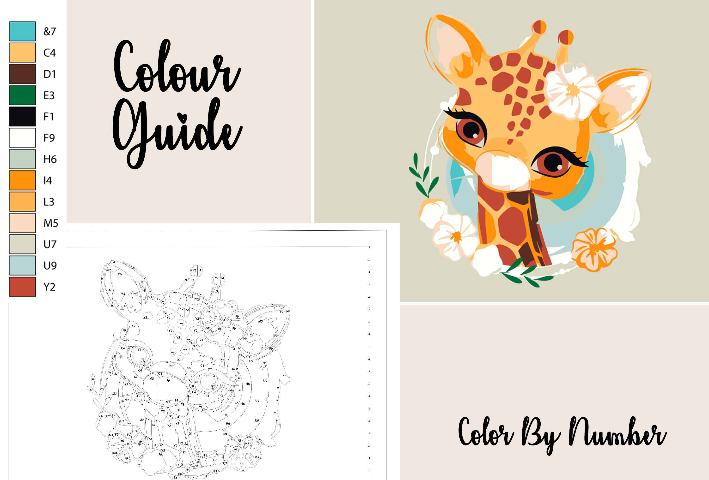 Giraffe Art Color by Number Kit Cute Animal Printable Color by Number ...