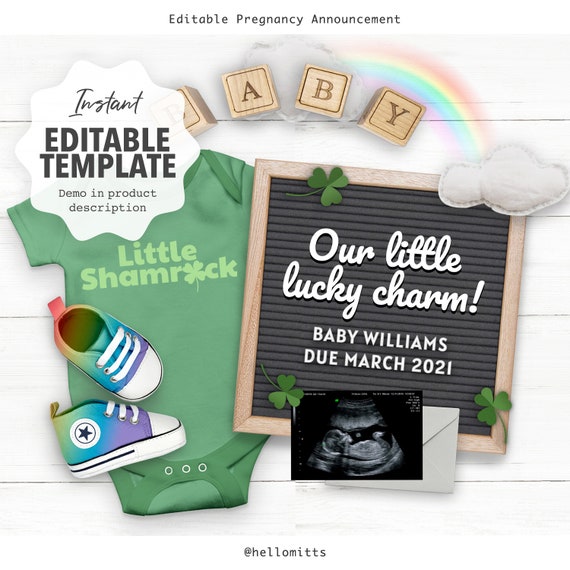 Editable Digital Pregnancy Announcement, ST PATRICKS Due March Baby ...