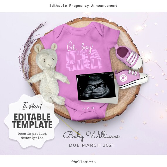 Editable Digital Pregnancy Announcement, DIY Gender Reveal template for ...