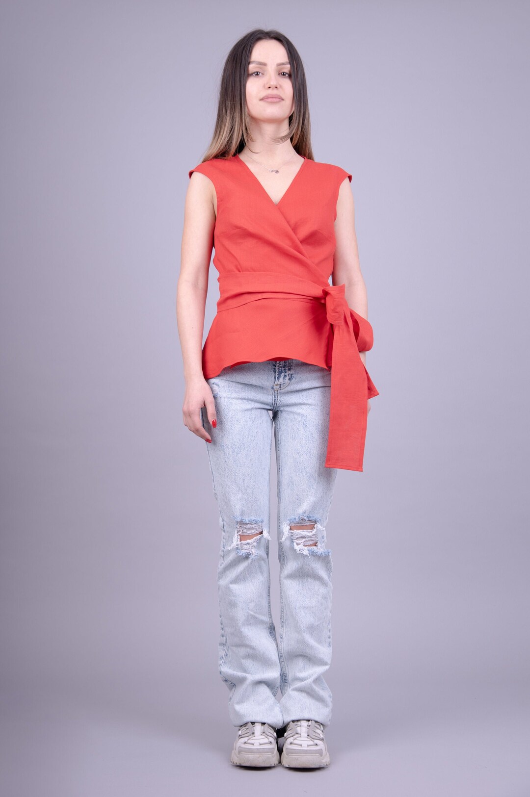 Wrap Linen Top/belted Linen Top/red Linen Tank Top/tie Waist Blouse ...