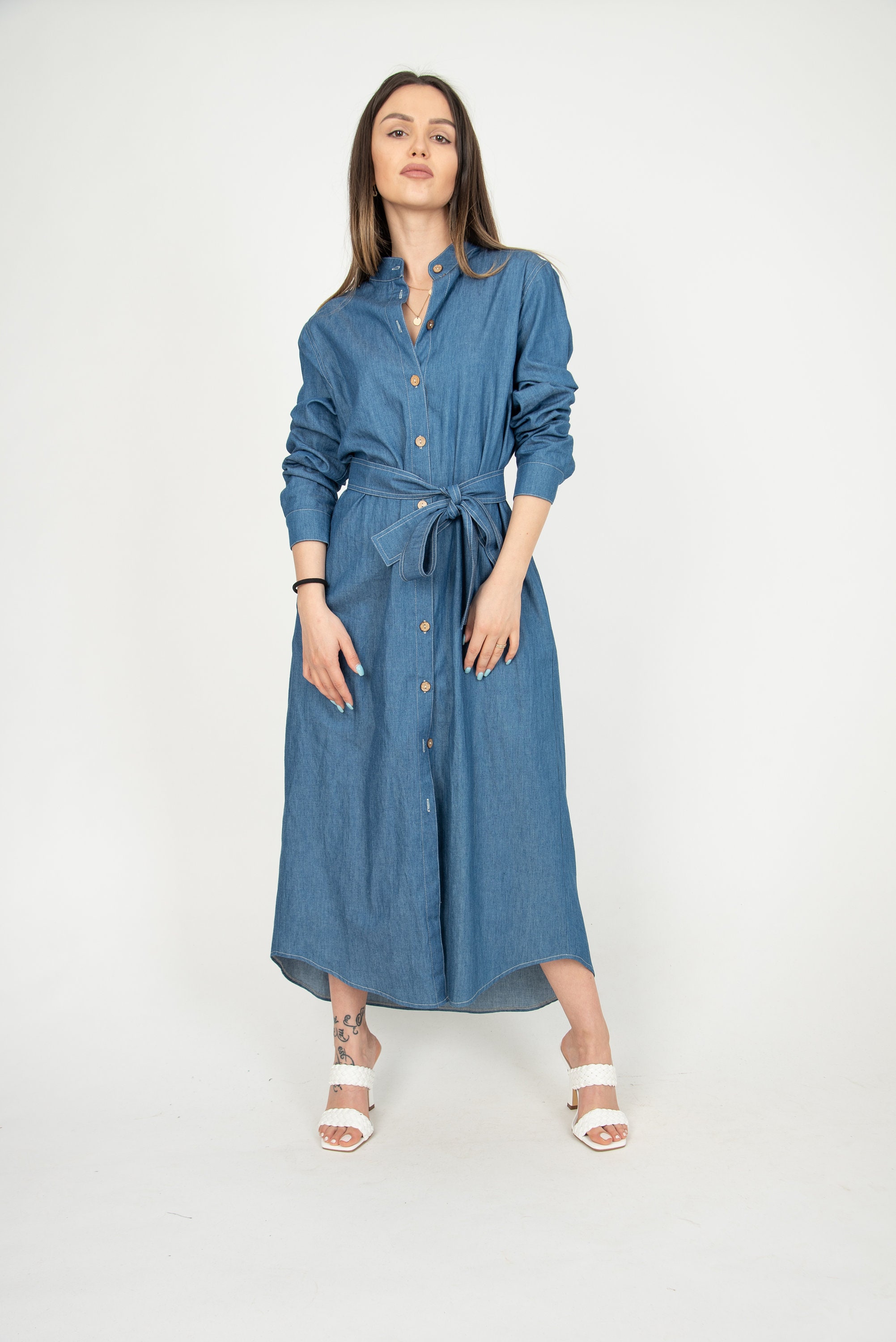 Women's Denim Dress/denim Dress Shirt/blue Maxi Dress/shirt Maxi Dress ...