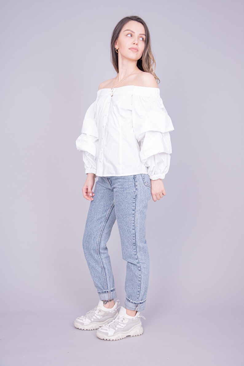 White off Shoulder Blouse/buttoned Top/ruffled Sleeves | Etsy