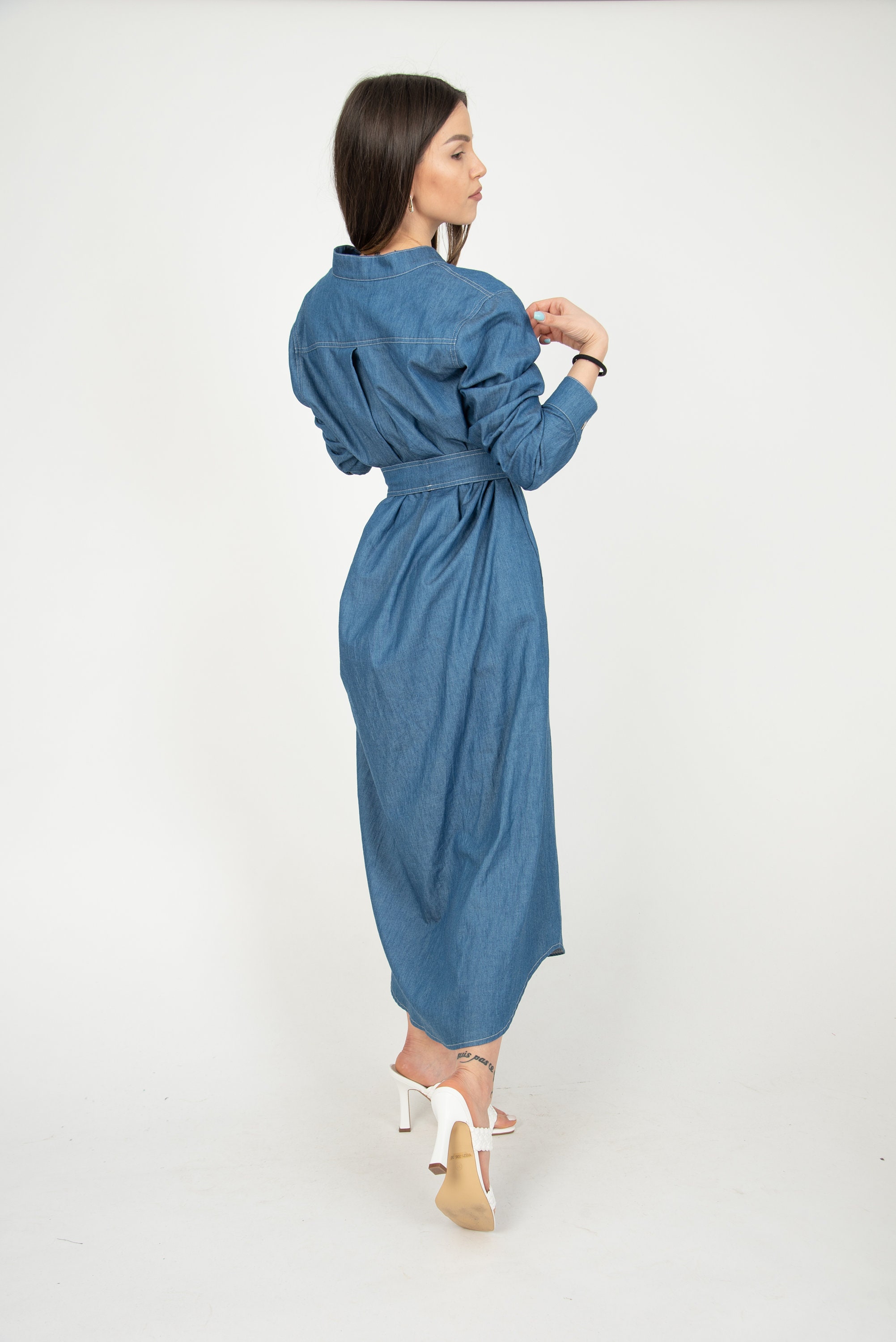 Women's Denim Dress/denim Dress Shirt/blue Maxi Dress/shirt Maxi Dress ...