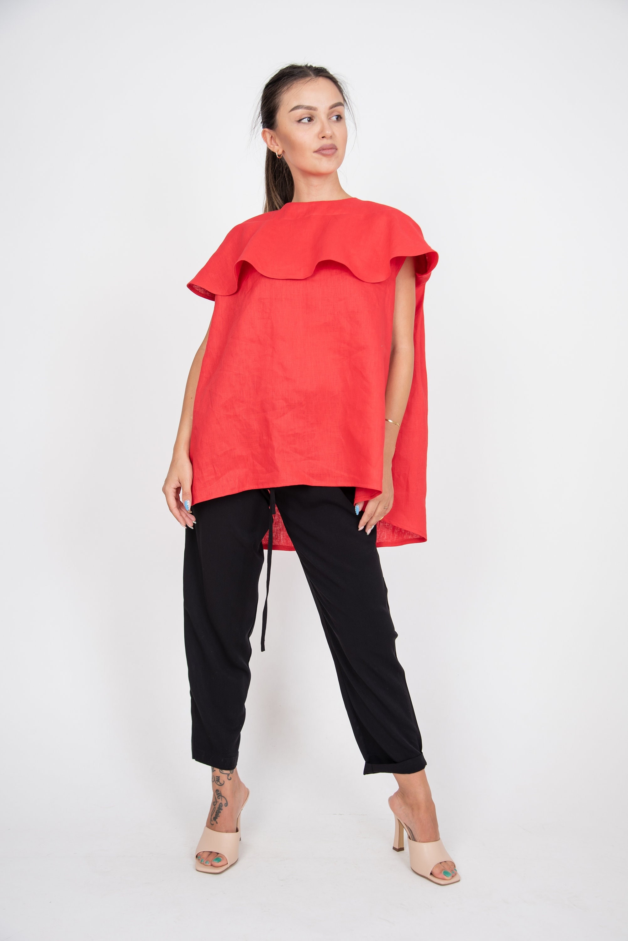 Peasant Blouse/red Linen Top/ruffle Linen Blouse/elegant Red - Etsy UK