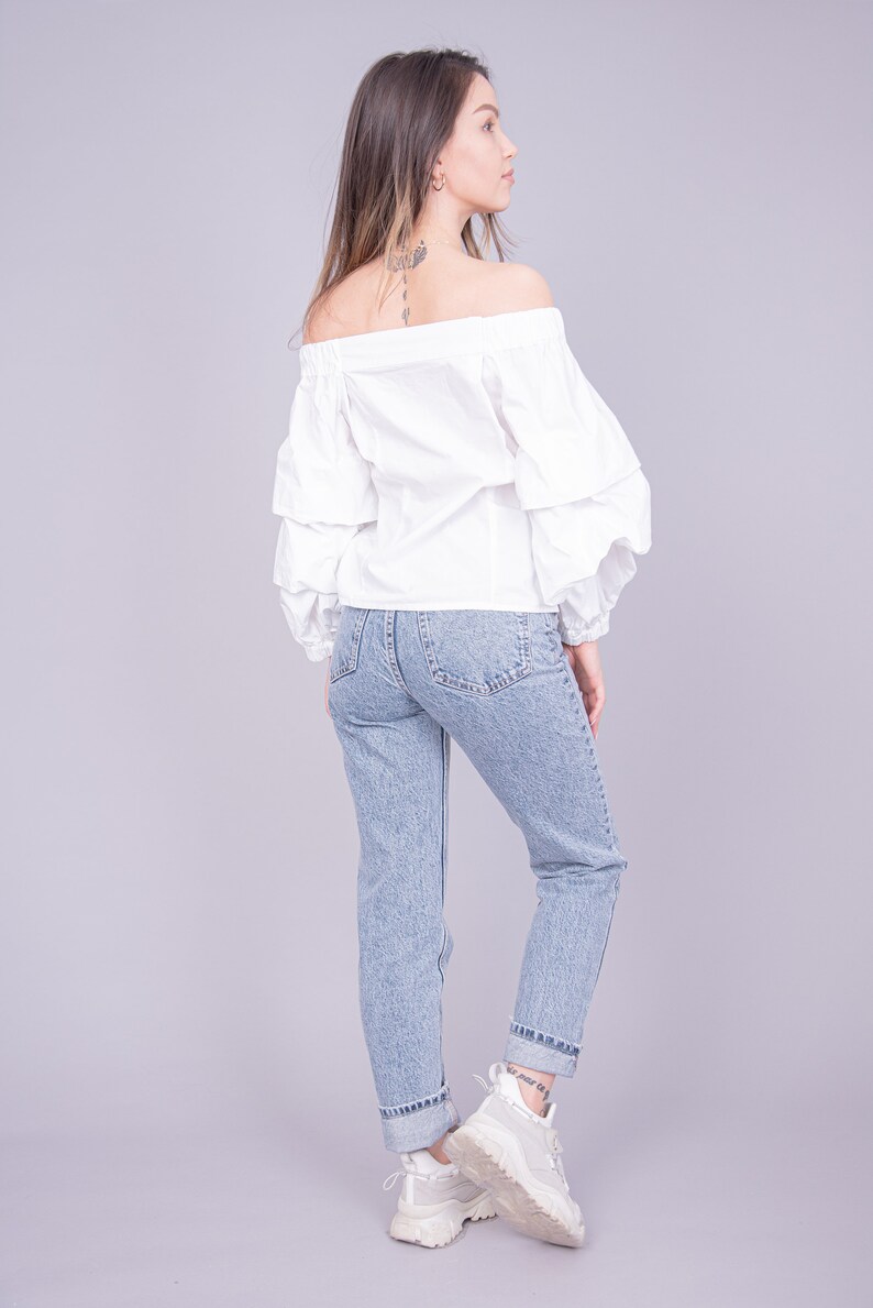 White off Shoulder Blouse/buttoned Top/ruffled Sleeves | Etsy