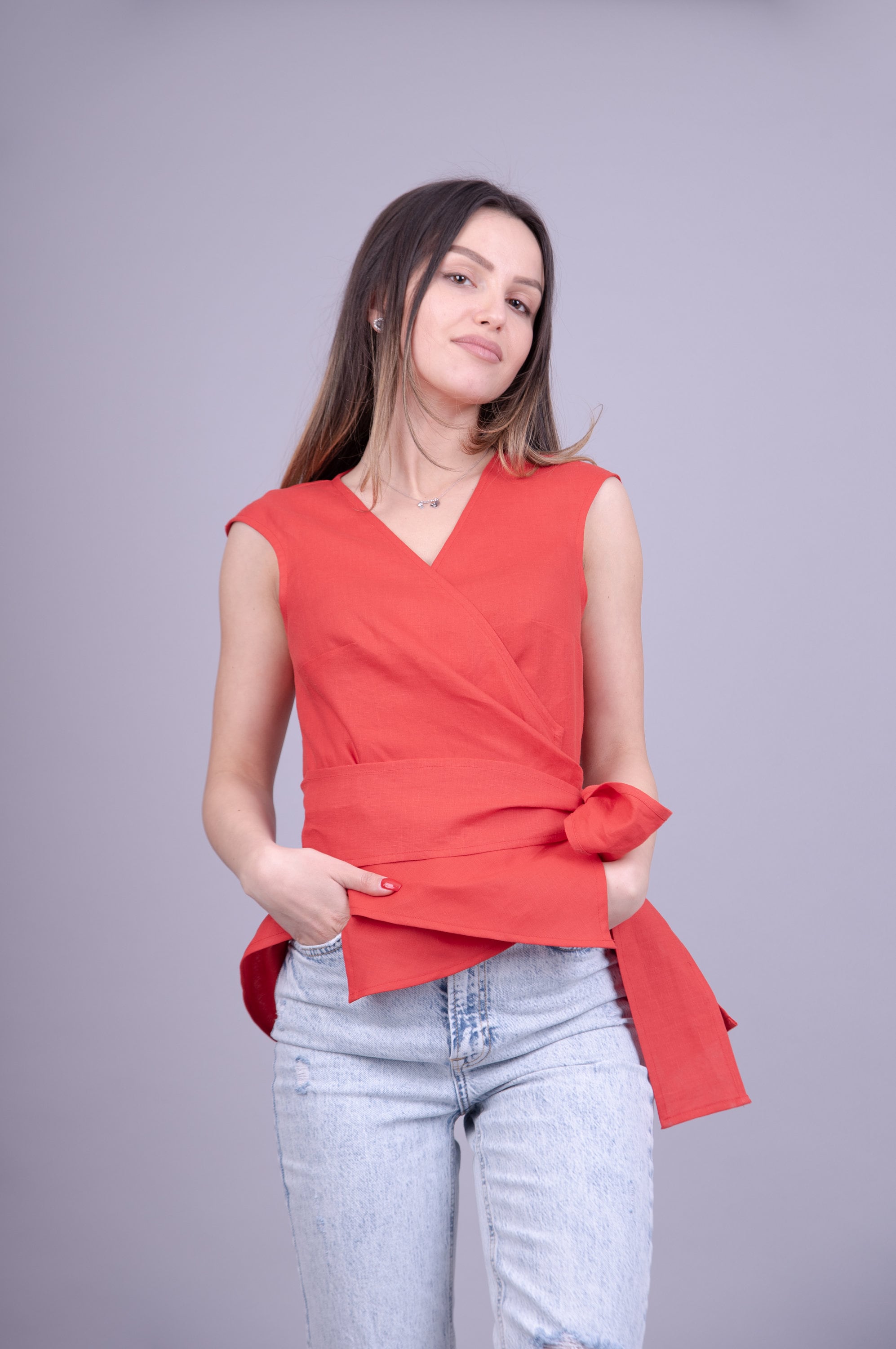 Wrap Linen Top/belted Linen Top/red Linen Tank Top/tie Waist Blouse ...