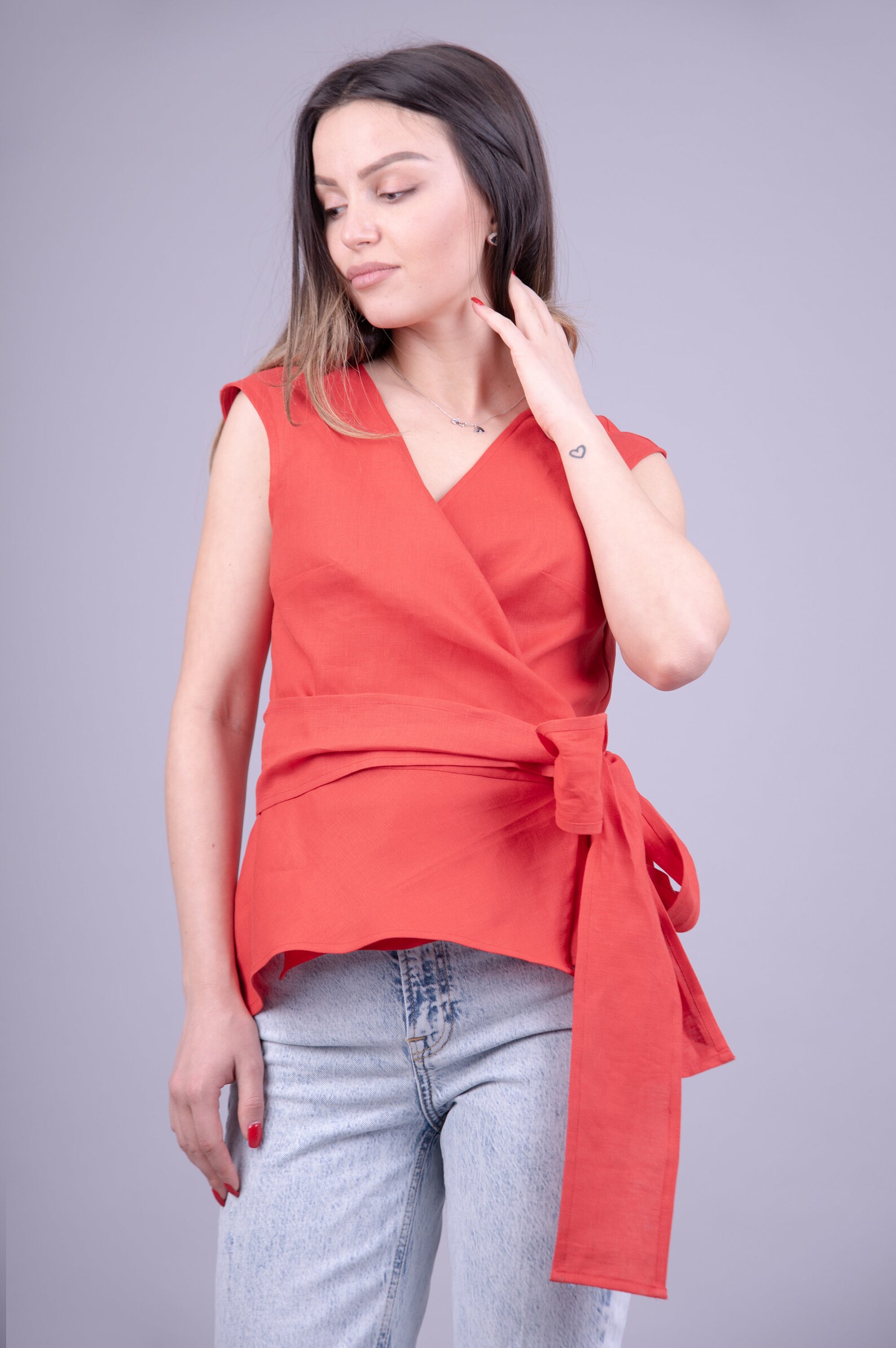 Wrap Linen Top/belted Linen Top/red Linen Tank Top/tie Waist - Etsy