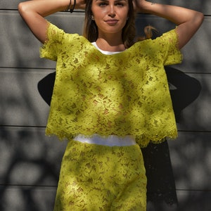 Women's Two Piece Set/yellow Suit/two Piece Outfit/lace Top and Shorts ...