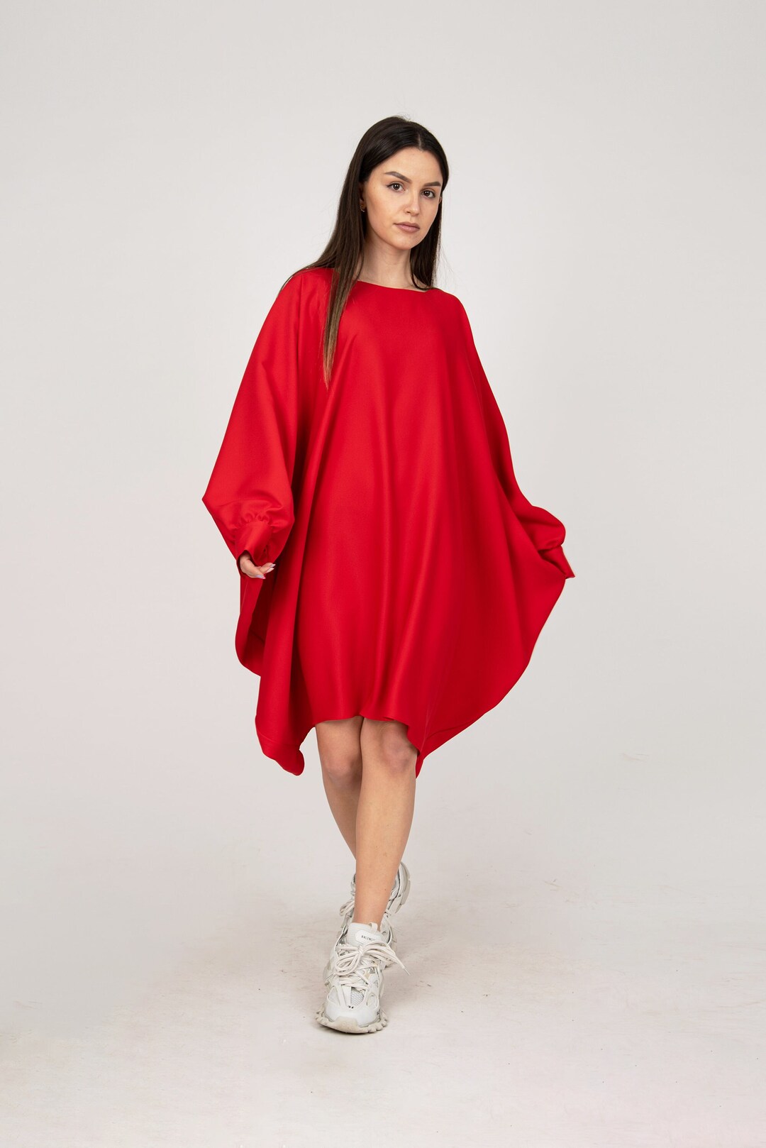 Red Crepe Midi Dress: Flowy Cocktail Evening Dress - Etsy