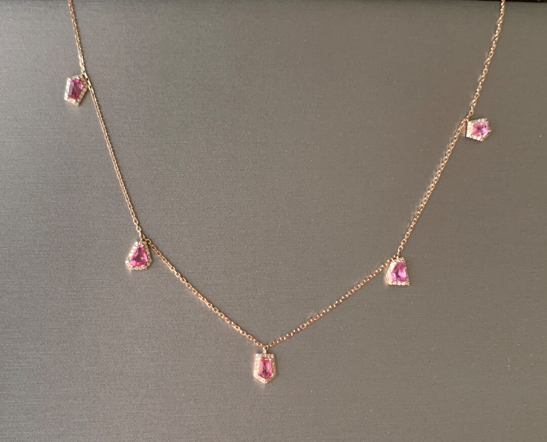 Pink Spinel Station Necklace Natural Spinel Geometric Cut With Diamond ...