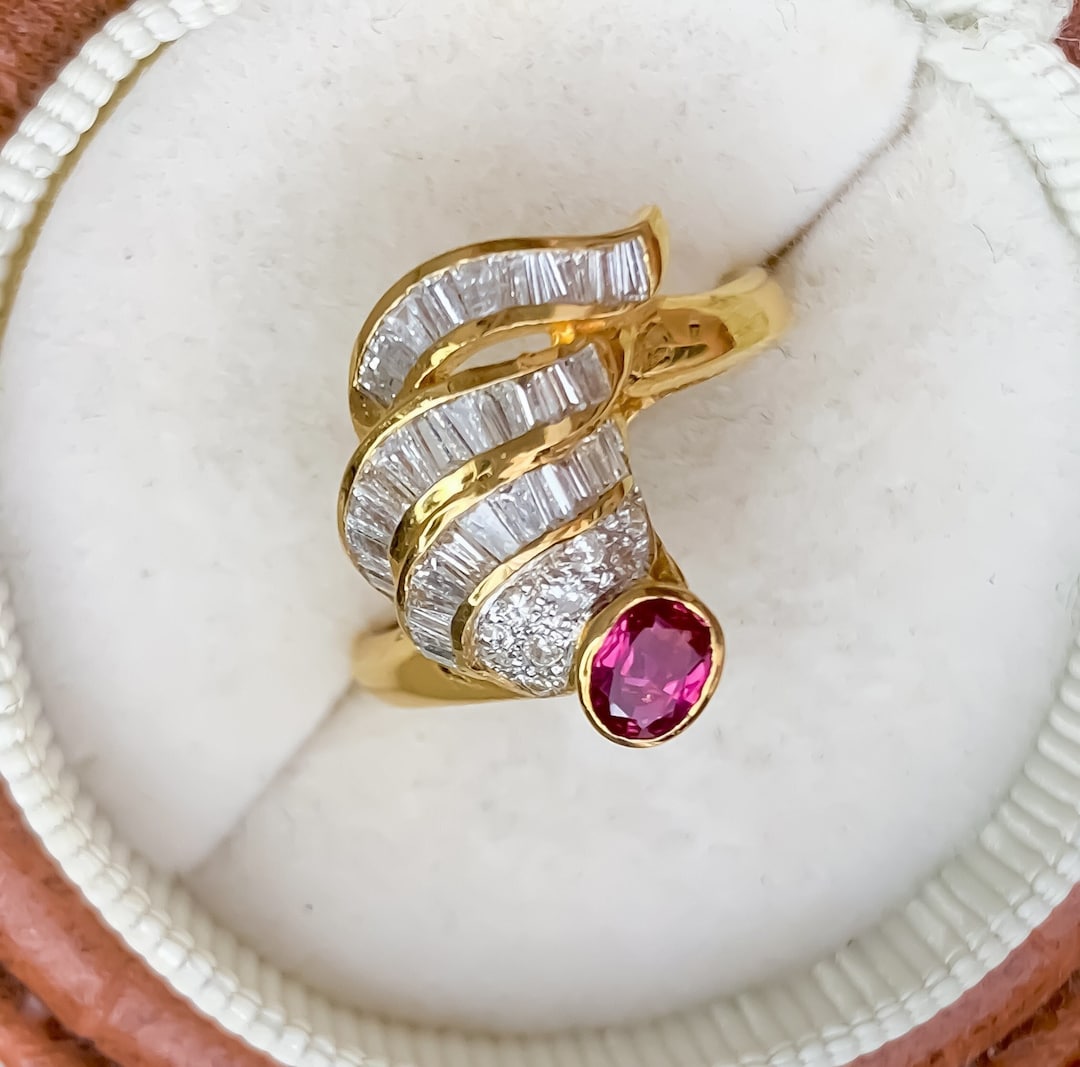 Vintage Art Deco 18K Gold Ruby & Diamond Ring - Wavy Pattern - Hot Pink ...