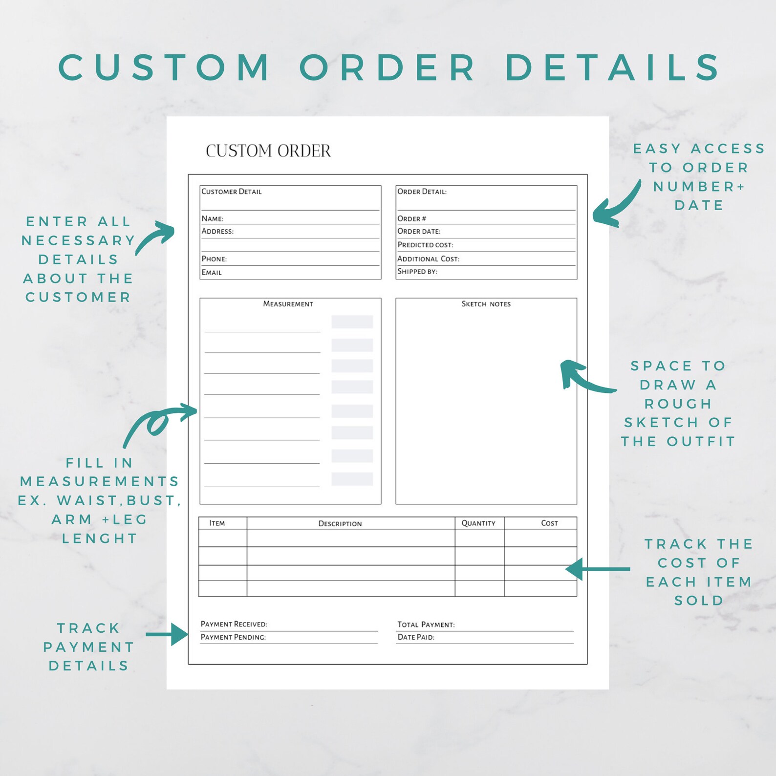 Custom Order Form, Inventory Invoice Form, Instant Download, Business ...