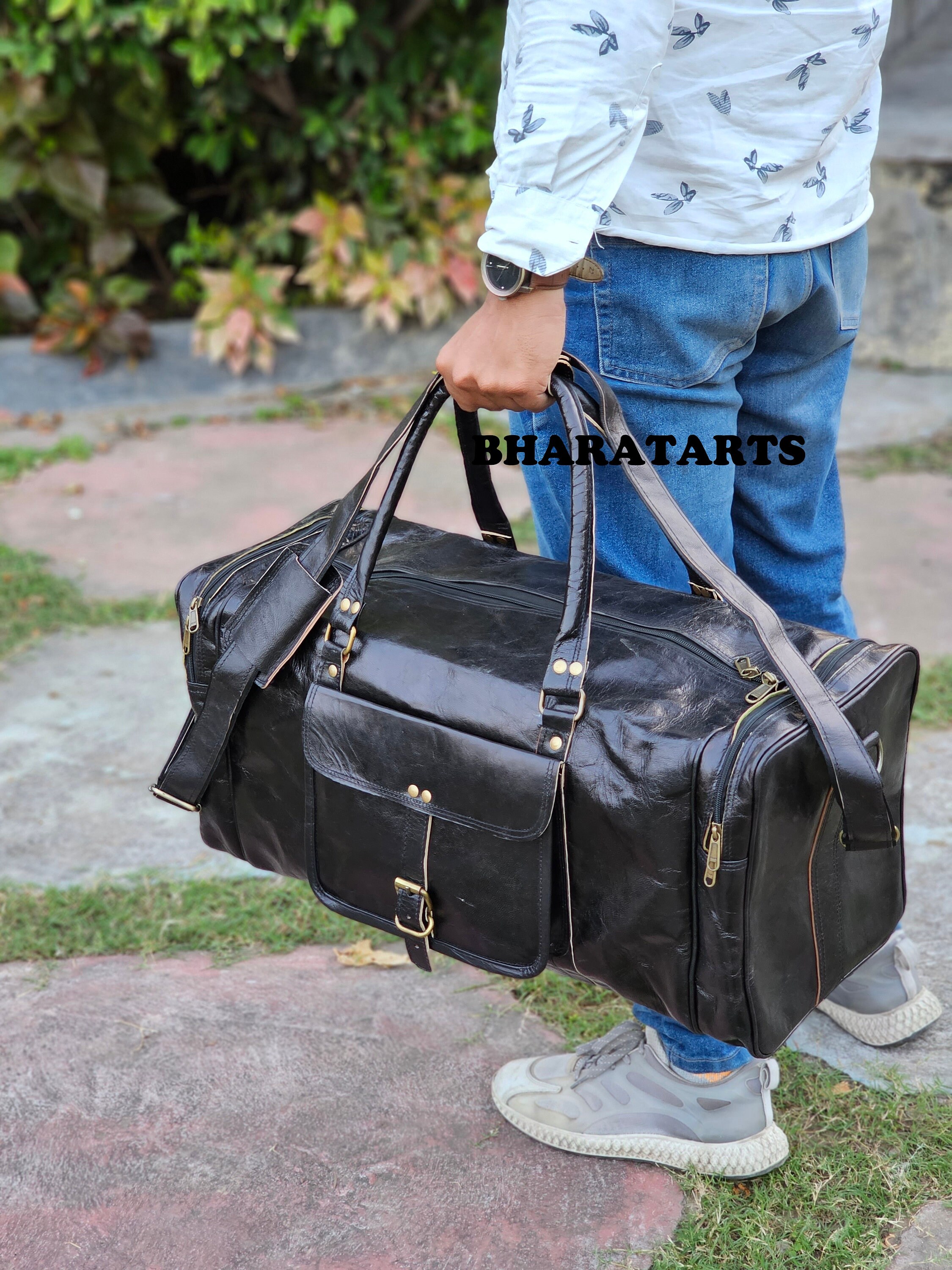 Handmade Personalized Leather Duffle Bag: Brown/black Travel Weekender ...