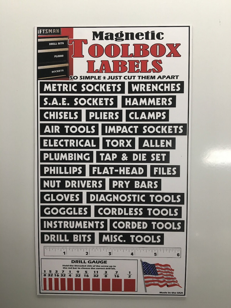Magnetic Toolbox Labels With Drill Gauge, Ruler and American Flag - Etsy