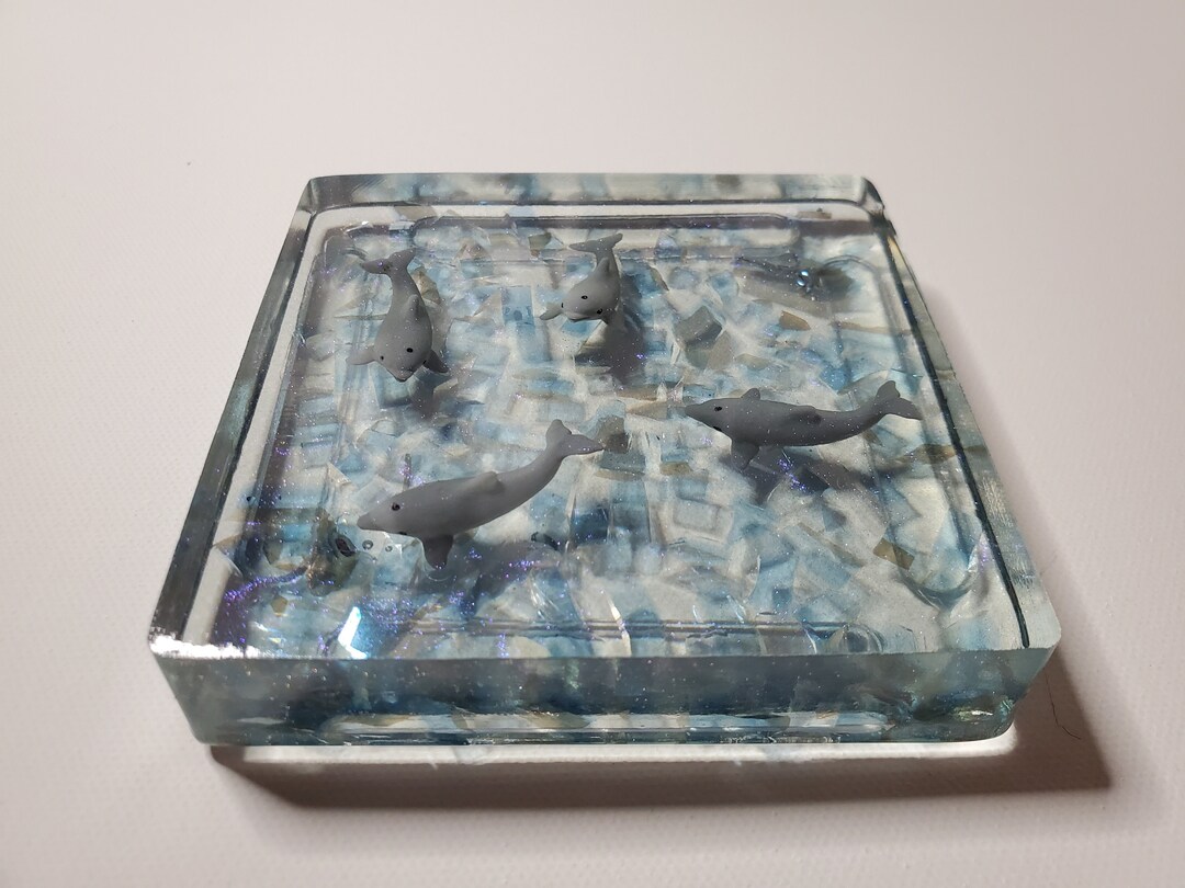 Dolphin Pod (four) Swimming Through Sea Glass Resin Coaster -- Kitchen ...