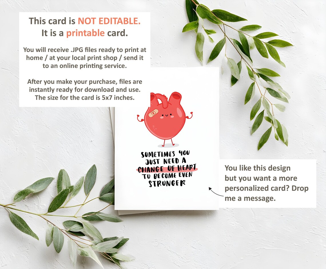 Instant Download Heart Surgery Card, Cute Heart Card, Bypass Surgery ...