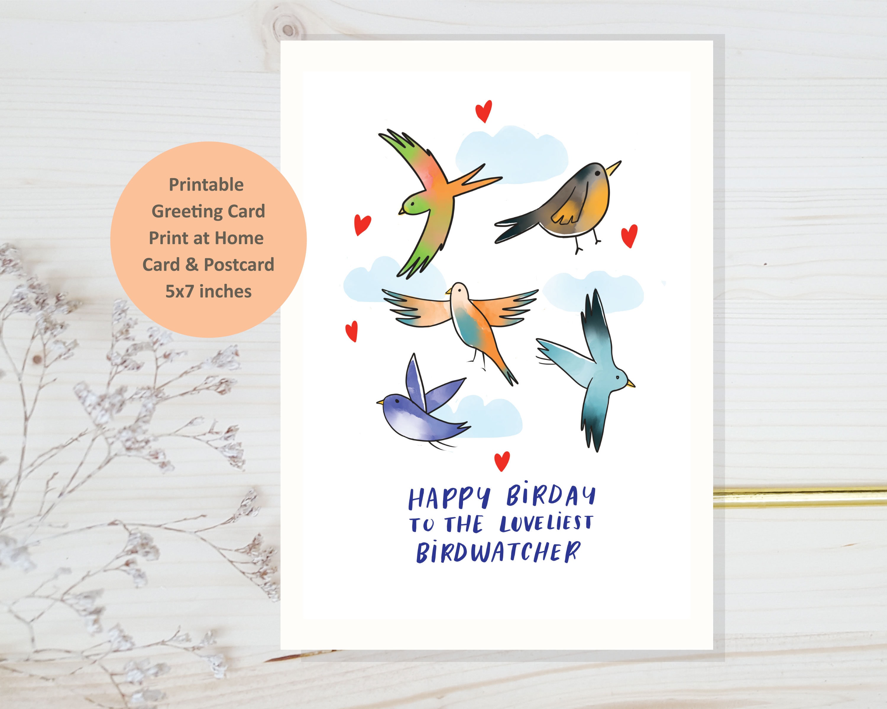 Instant Download Bird Watcher Birthday Card, Happy Birthday Birds Card ...