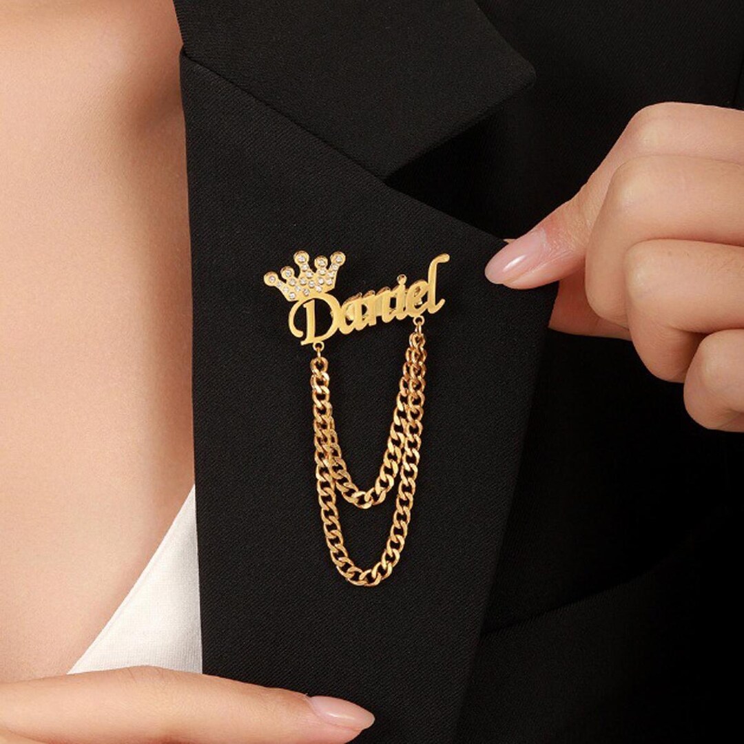 Personalized Bling Crown Name Brooch With Double Dangling Chains ...