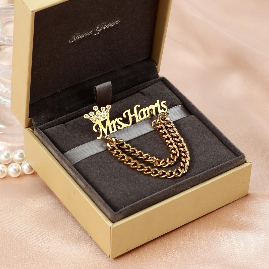 Personalised Crown Nameplate Brooch Pin With Dangling Chains Tassel ...