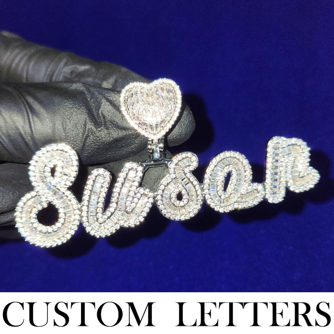 Custom Icy Baguette Cursive Letters Name Pendant With Heart Bail ...
