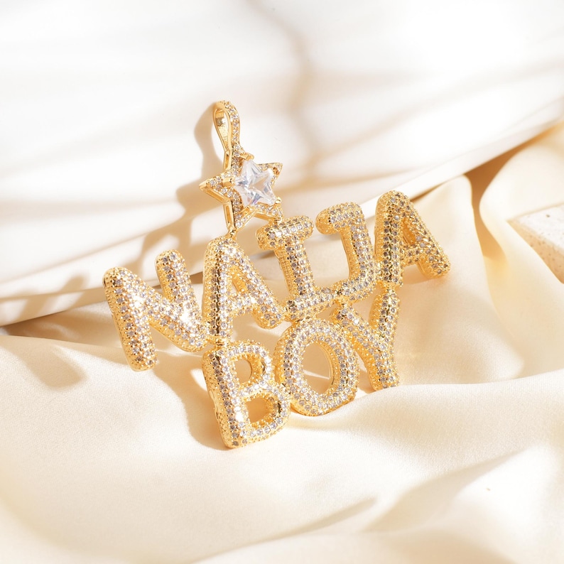 Custom Star Name Plate Necklace, Micro Paved Zirconia Diamond Bubble ...