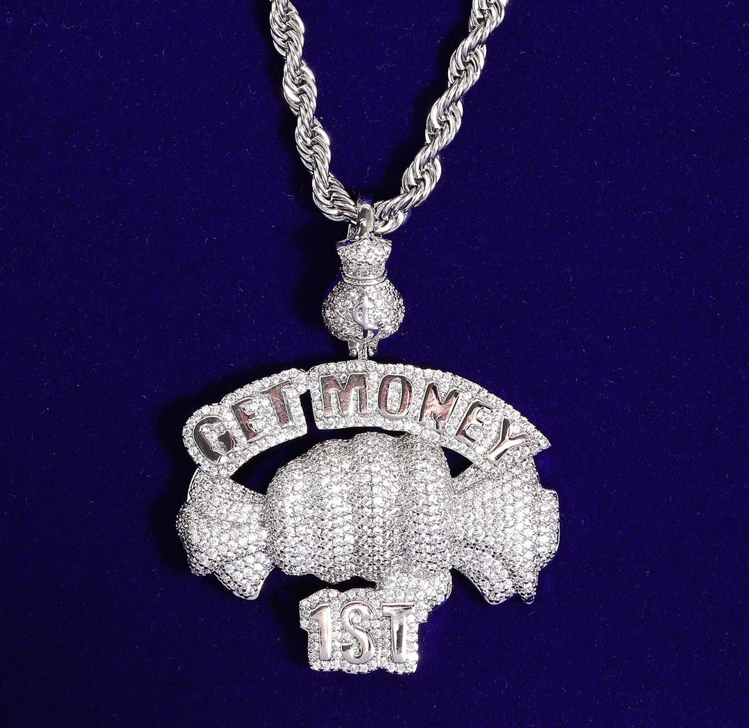 Iced Out "get Money First" Pendant Necklace, Micro Paved Money Bag ...