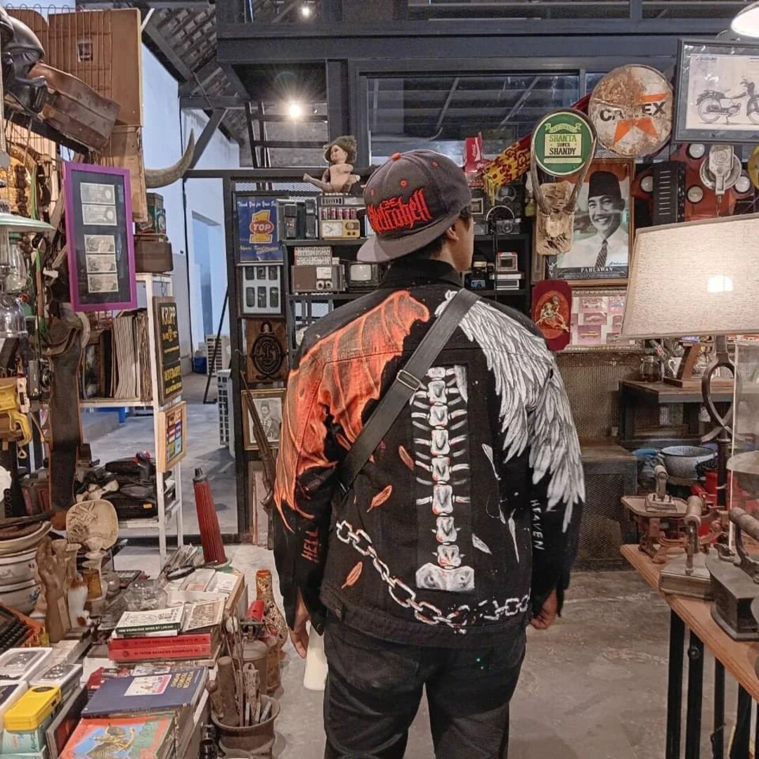 Black Denim Jacket Streetwear Devil Wings and Angel Wings Design Gothic ...