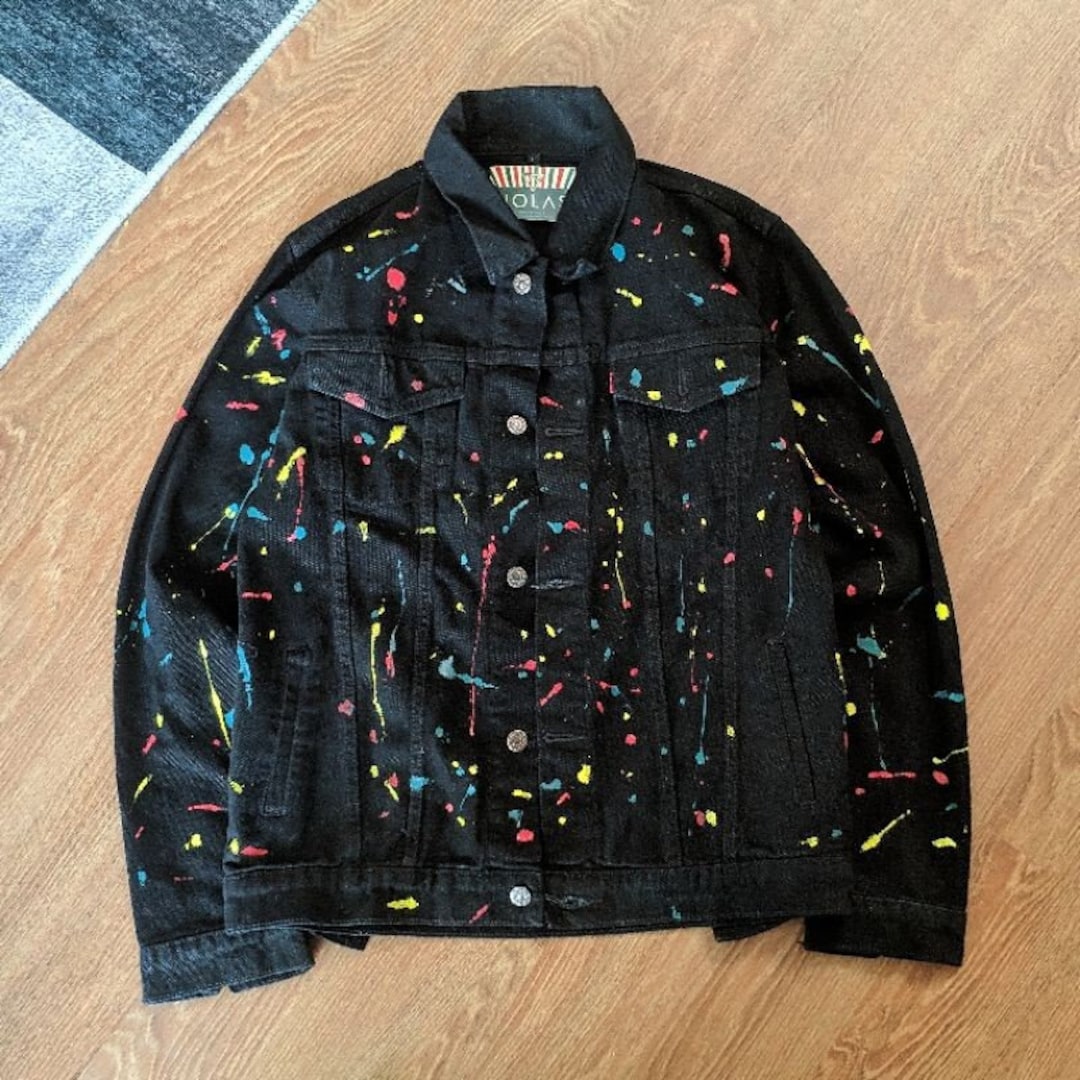 Black Denim Jacket With Colorful Splashes and Stripes Street Design ...