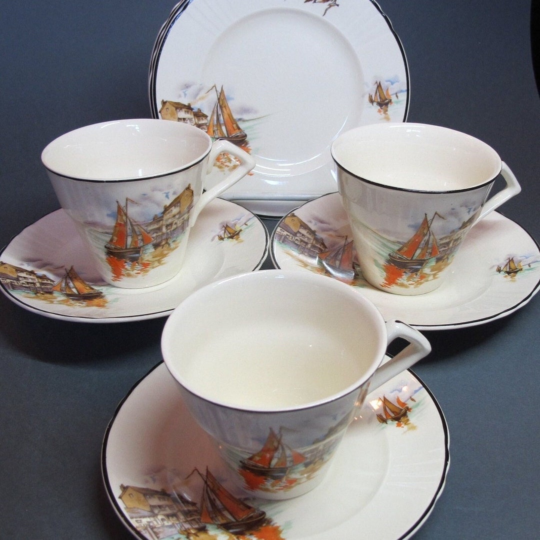 Myott Staffordshire, 3 Vandyke Cup, Saucer and Dessert Plate Sets ...