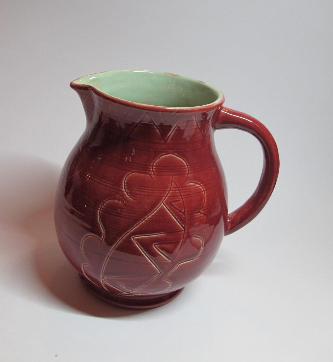 Shorter & Son, Art Deco Pitcher With Aztec Engraving in Red and Green ...