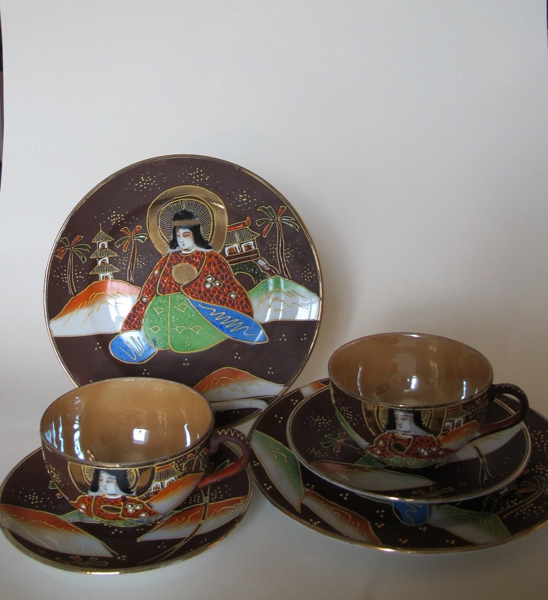 Moriyama Mori-machi, Two Hand-painted Porcelain Geisha Sets (cup and ...