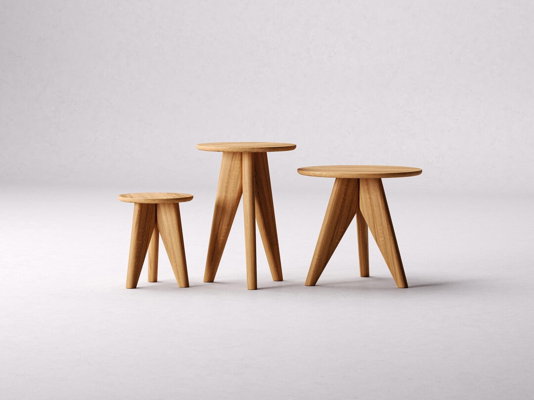 Set of End Table - Round Nesting Side Table - Solid Oak Wood Table - Modern Nesting Tables for ...