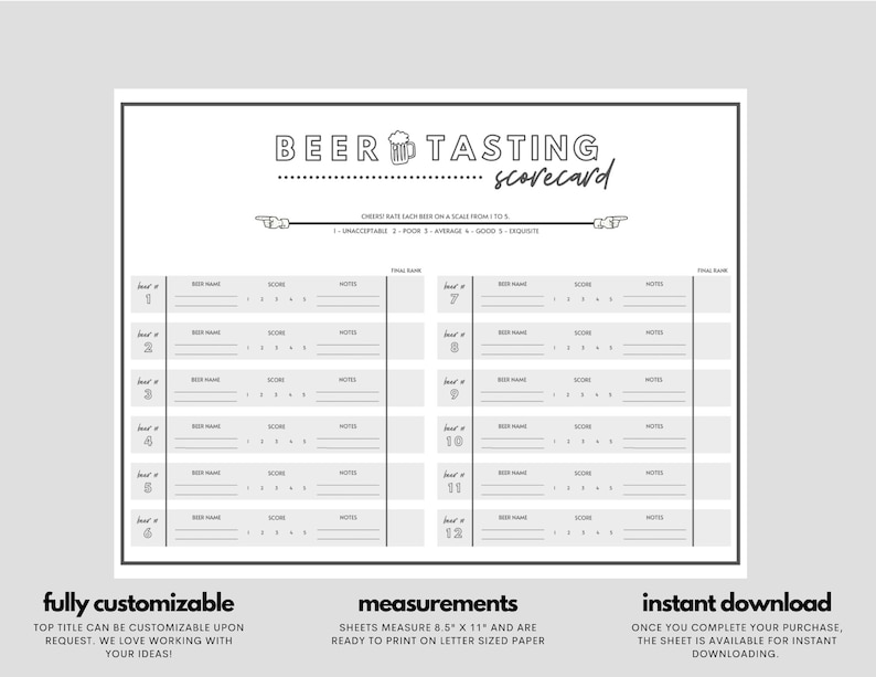 PRINTABLE: 12 Beer Tasting Scorecard / Score Sheet - Etsy