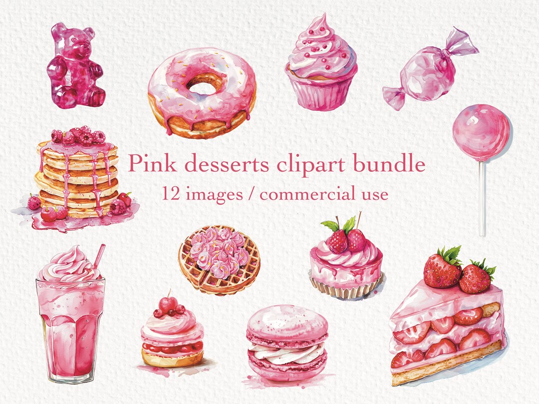Pink Colored Watercolor Illustration Desserts and Sweets Clipart Bundle ...