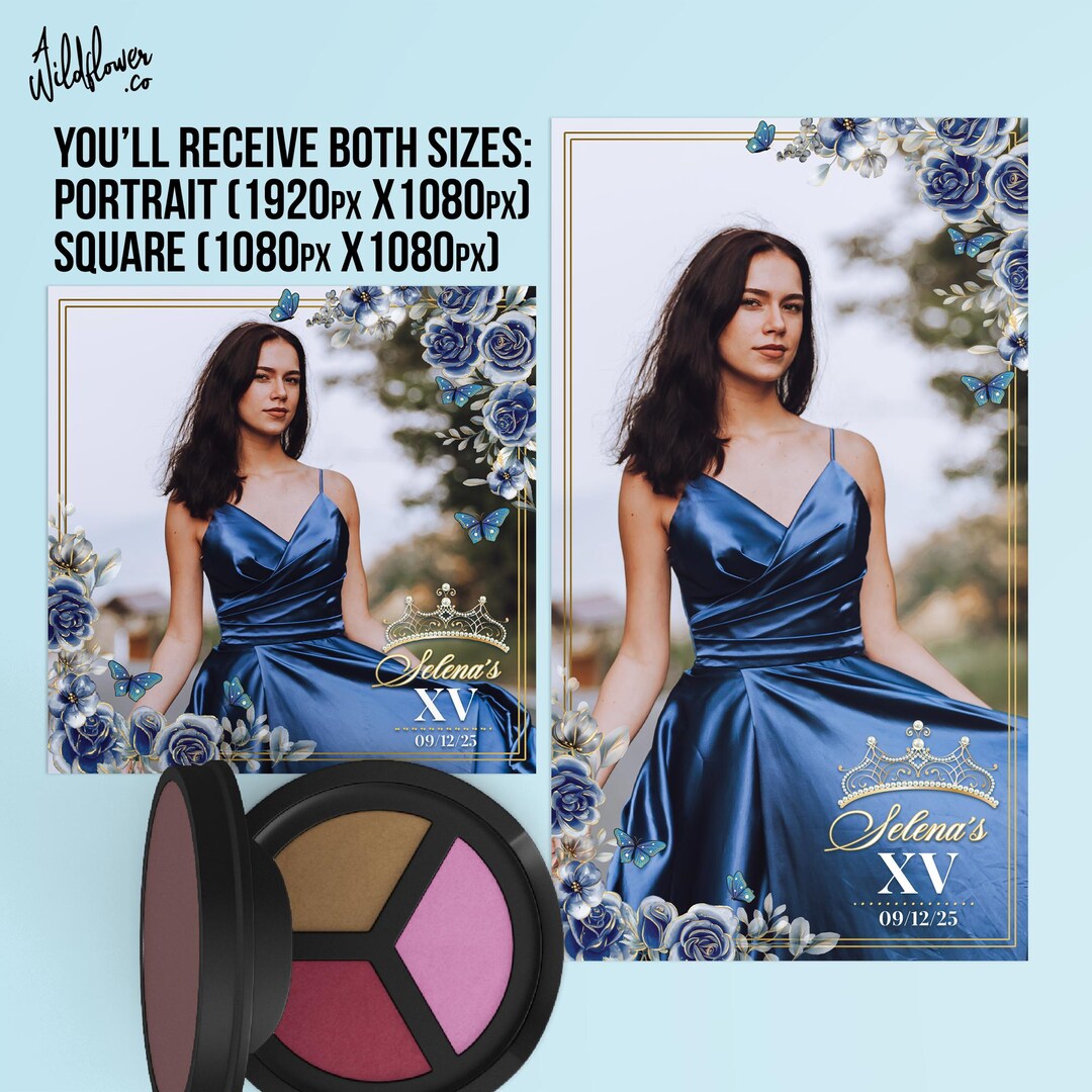 Blue Gold Quinceañera Photo Booth Template: Floral 360 Spin Overlay ...