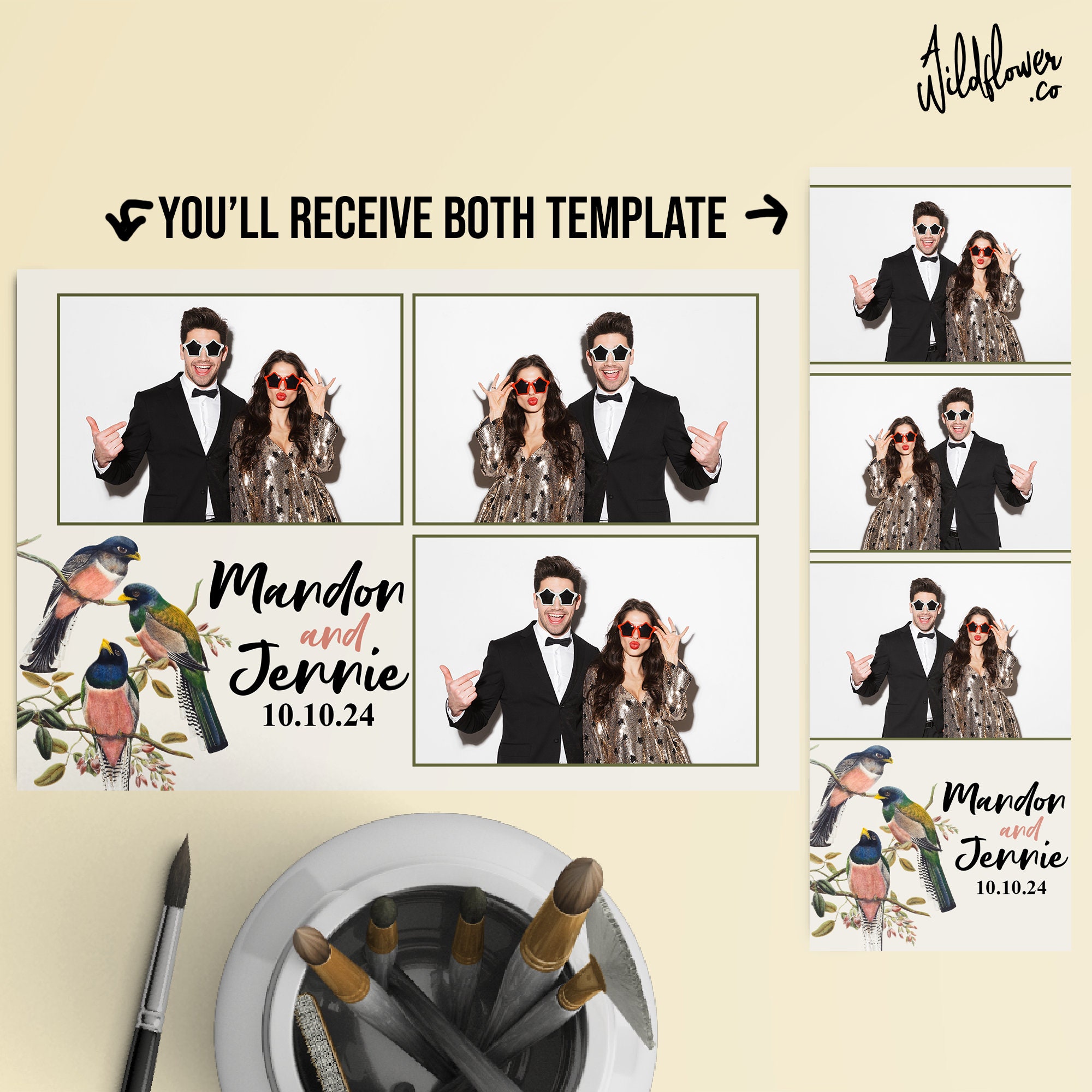 Birds Photo Booth Wedding Template Watercolour Frame Birthday Animals ...
