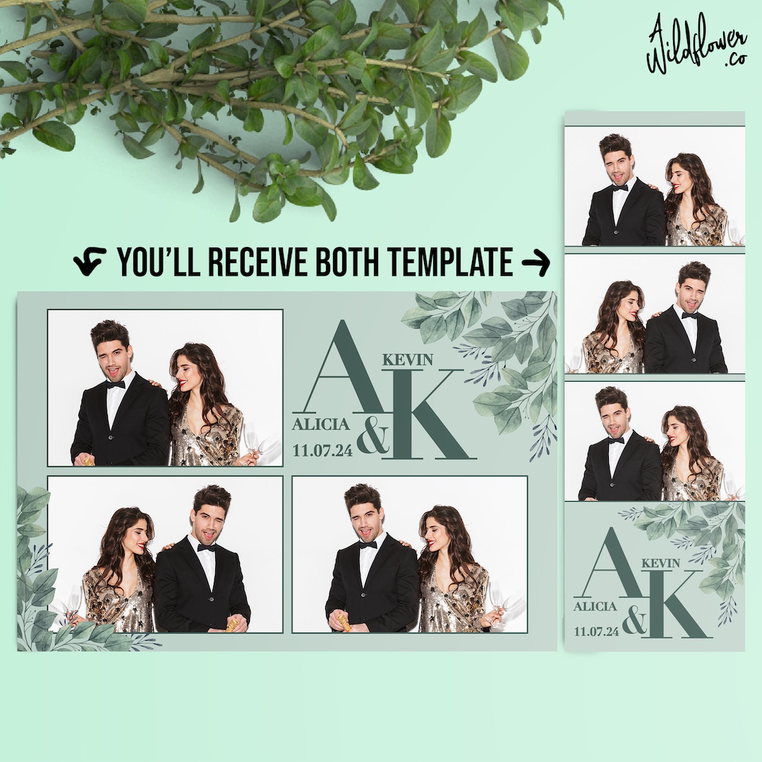 Sage Green Photo Booth Template Wedding Leaves Frame Birthday Theme ...
