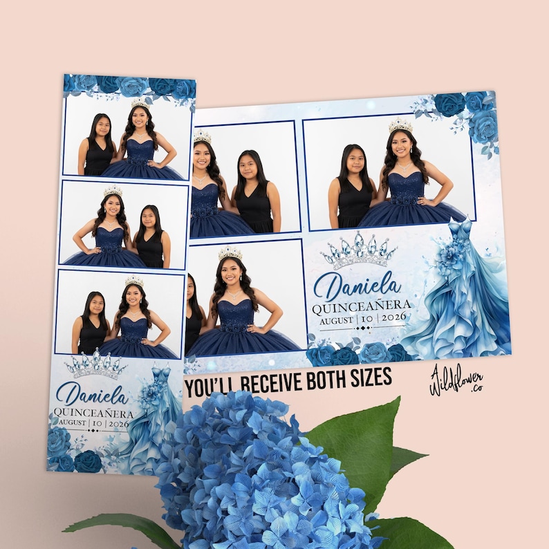 Blue Floral Quinceañera Photo Booth Template, Tiara Wedding Birthday ...