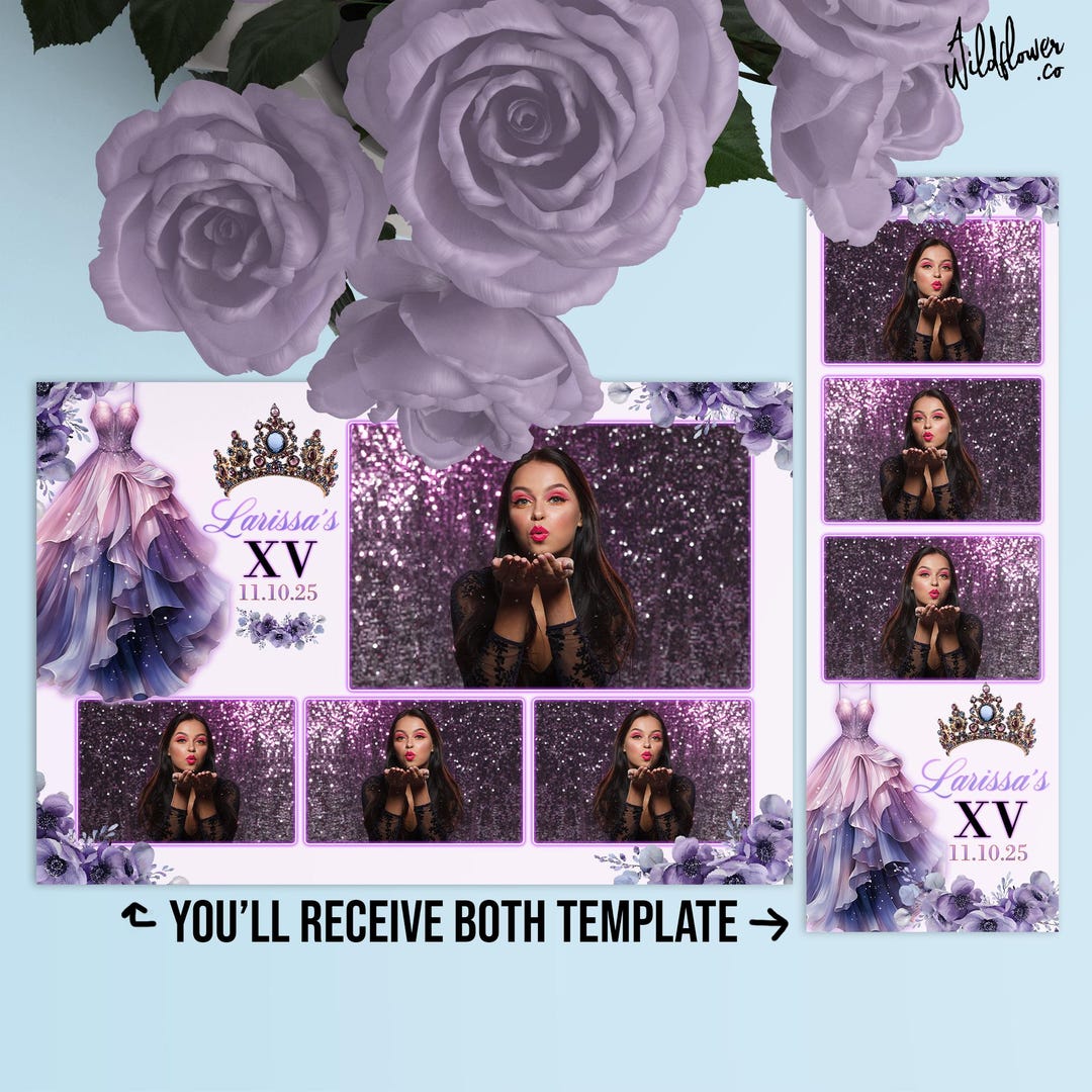 Purple Floral Quinceañera Photo Booth Template, Birthday Dress Overlay ...