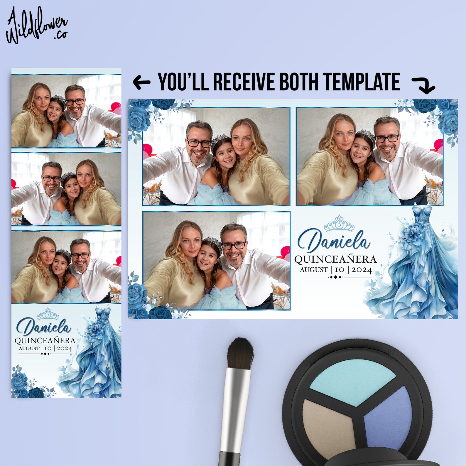Photo Booth Template Quinceañera Overlay Blue Floral Shell Birthday ...