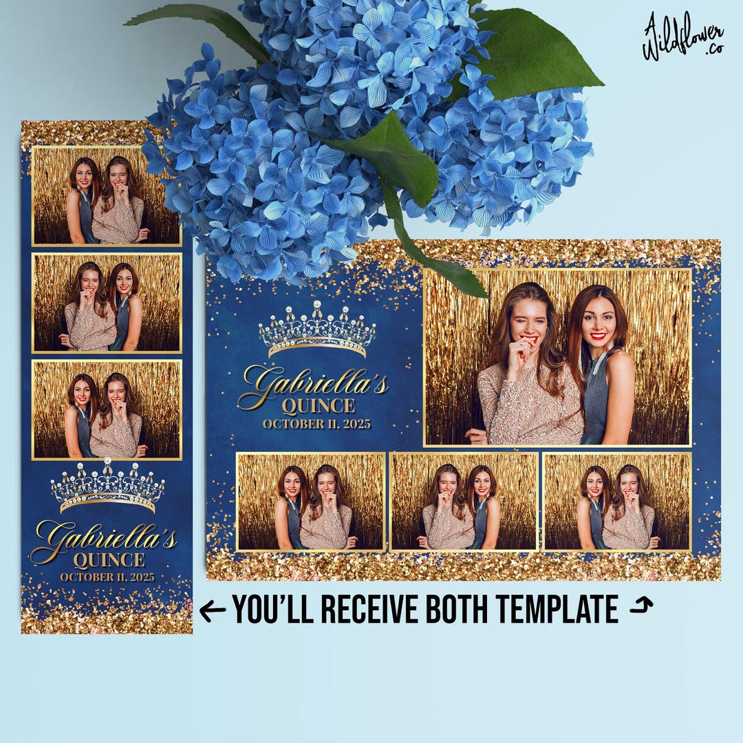 Blue Gold Glitter Quinceañera Photo Booth Template. Wedding Birthday ...
