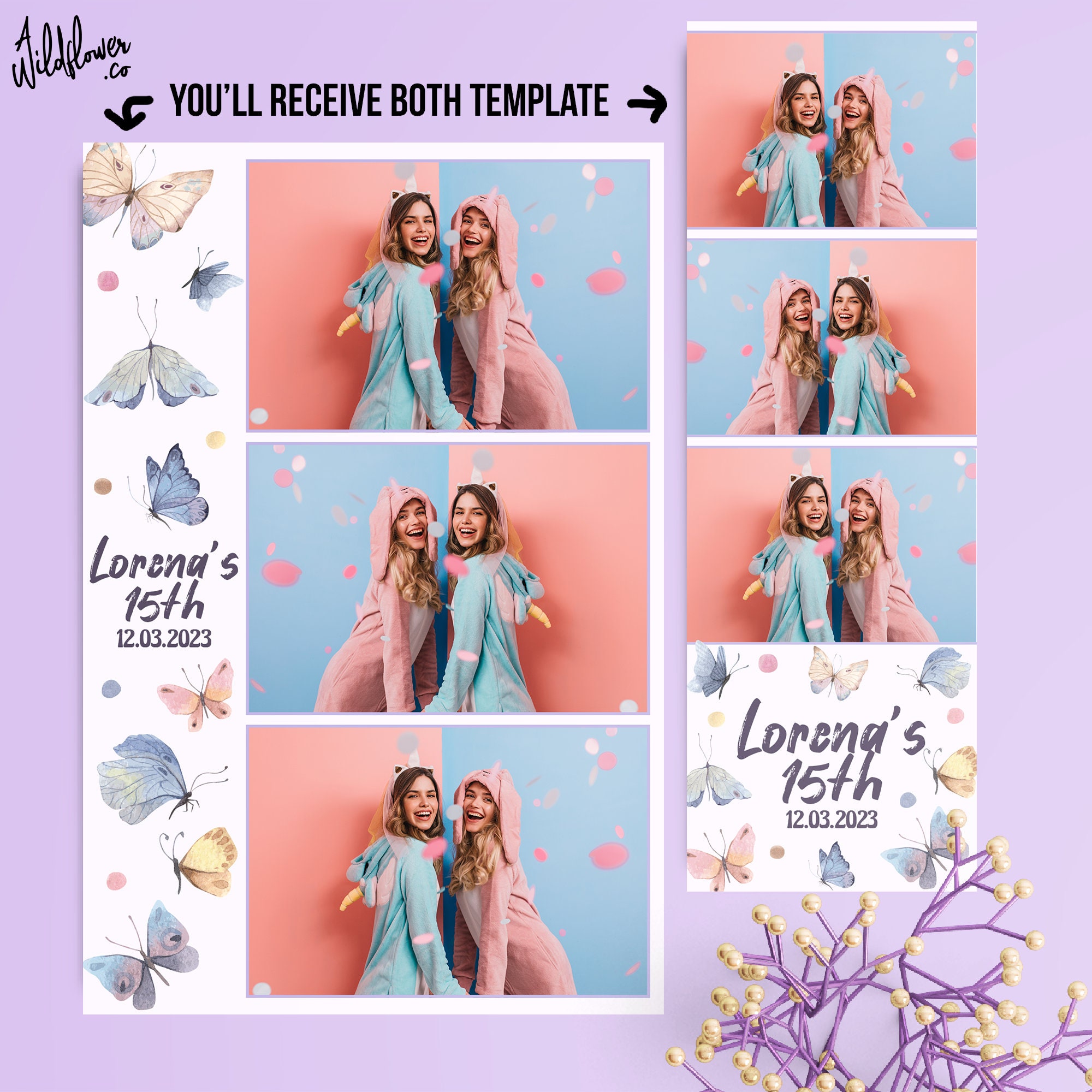 Birthday Butterfly Photo Booth Quinceanera Template Wedding Overlay 4x6 ...