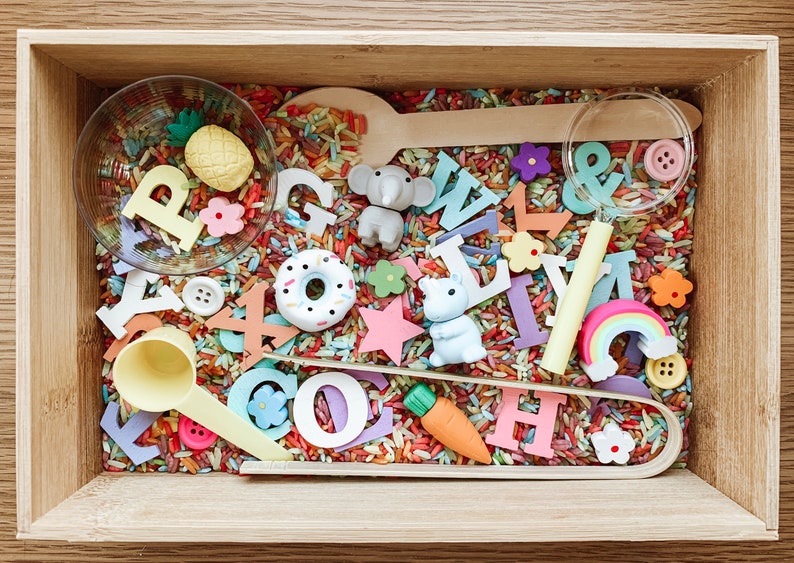 Rainbow alphabet soup letters sensory bin tray kit box | Etsy