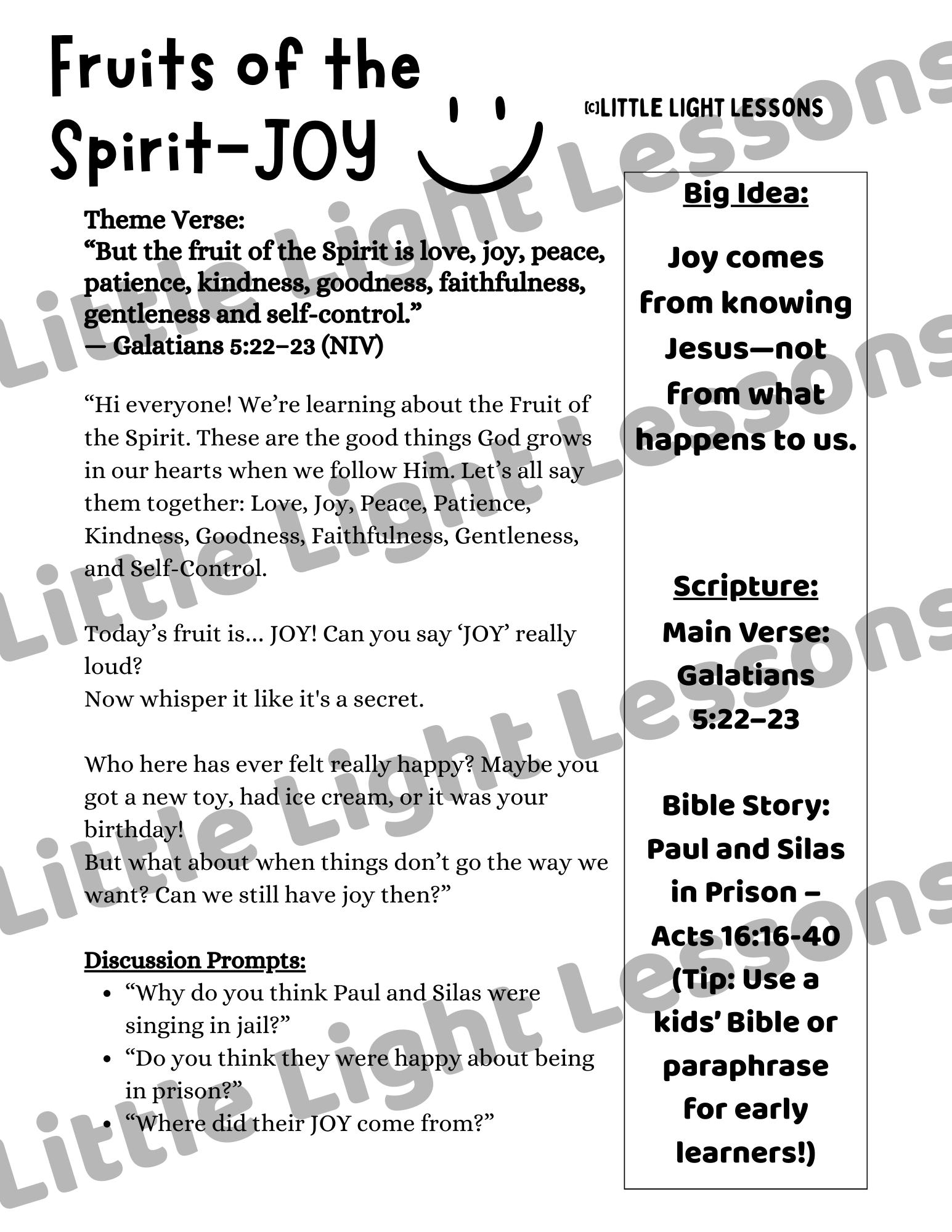 Fruit of the Spirit: JOY — Bible Lesson Packet for Kids - Etsy