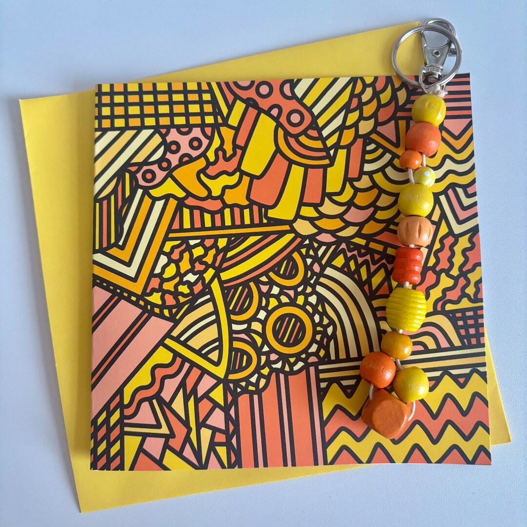 Yellow and Orange Patterned Card With Bead Keyring Greeting Card ...
