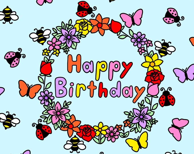 Flower and Bug Birthday Card Birthday Card Greeting Card Birthday Card ...